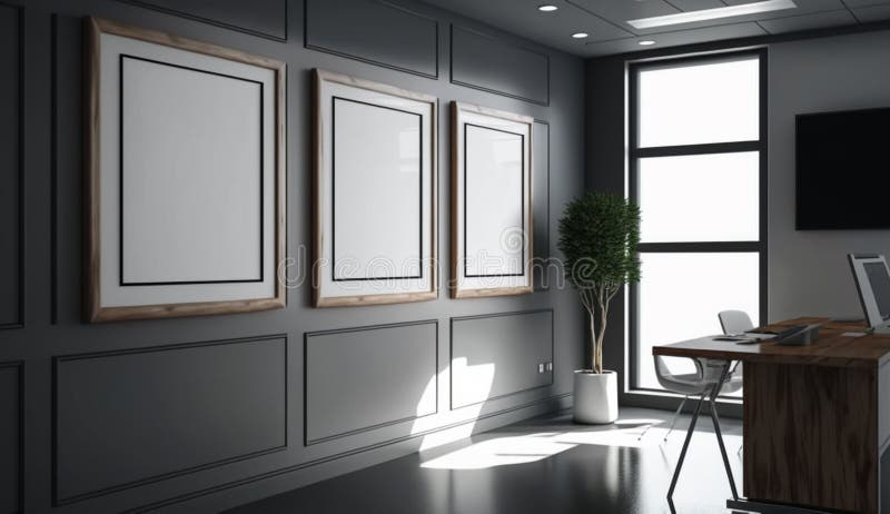 A Big White Blank Frames Hanging on Wall. Modern Wooden Office Interior ...