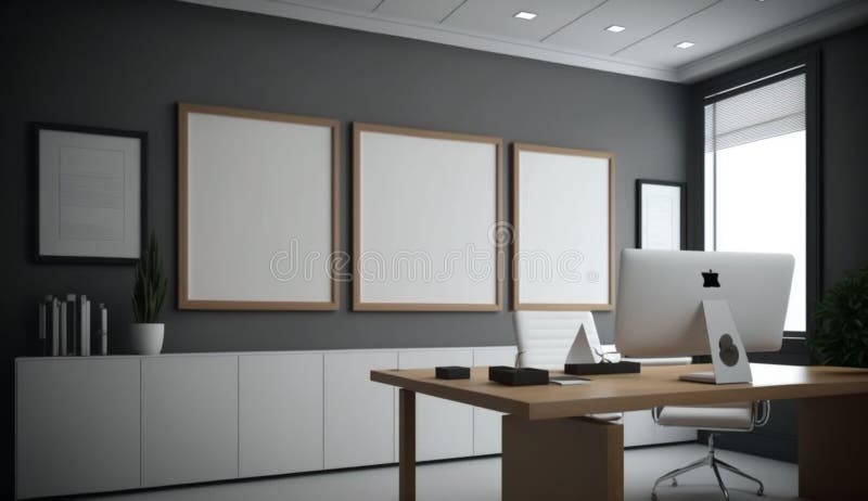 A Big White Blank Frames Hanging on Wall. Modern Wooden Office Interior ...