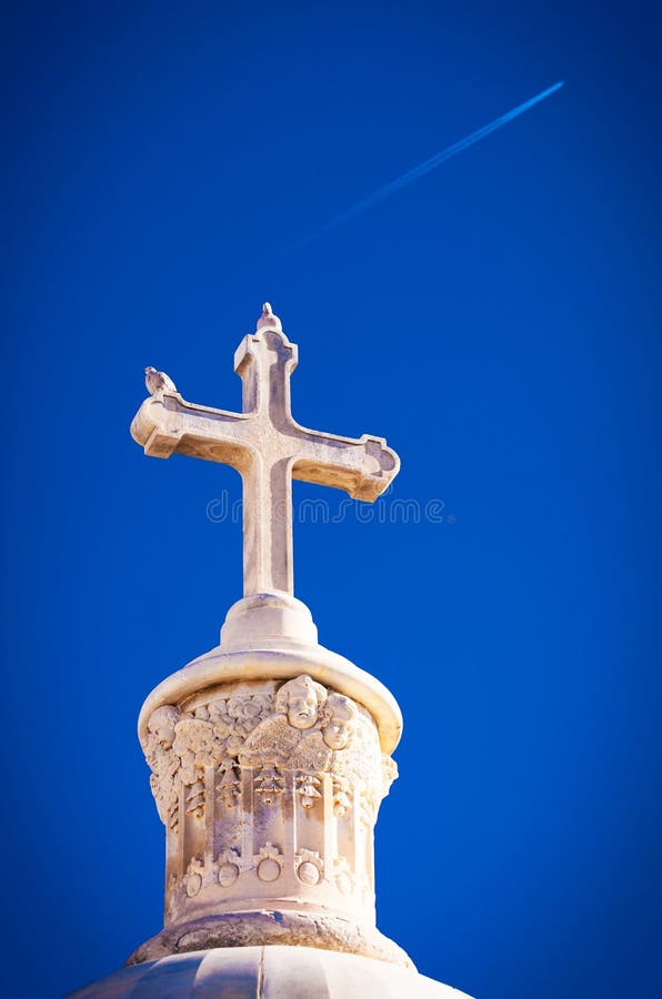 Big White Cross and the Plane Taking Off As a Symbol of the Way Stock ...