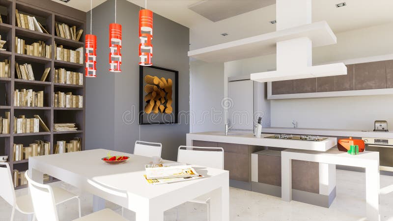 Big white modern kitchen stock illustration. Illustration of minimalist ...