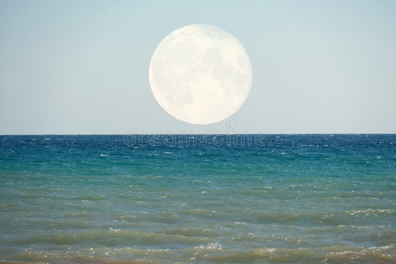 Big Moon on Sky and Sea Waves Landscape Stock Photo - Image of peace ...
