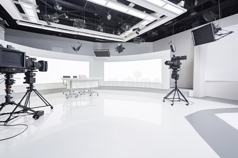 Big White TV Broadcast Studio with Cameras and Bright Lights ...