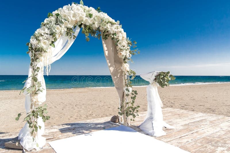 Big White Wedding Arch at Ocean Coast Stock Photo - Image of elegance ...