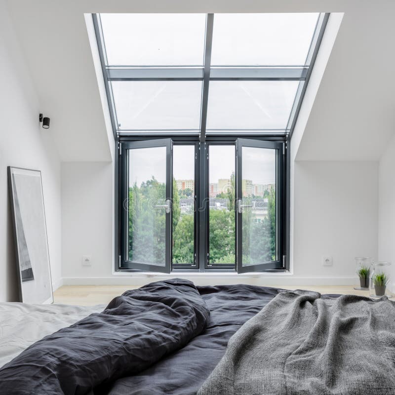 Big Window in Attic Bedroom Stock Image - Image of decor, bedclothes ...