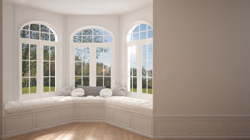 Big Window with Garden Meadow Panorama, Minimalist Empty Space, Stock ...