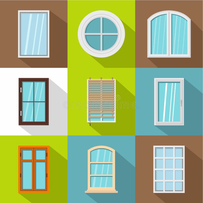 Big Window Icons Set, Flat Style Stock Vector - Illustration of ...