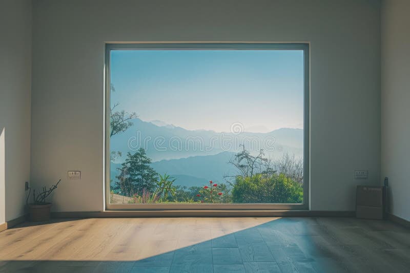 A Big Window Offers a Breathtaking View of the Mountains Stock Photo ...