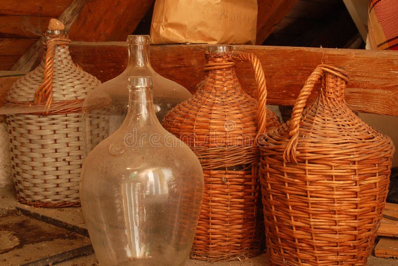 Vintage Empty Wicker Wine Bottles Stock Image - Image of wine, barrel ...