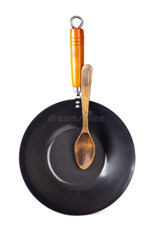 Big Wok for Cooking with Wooden Handle with Spoon on White Stock Image ...