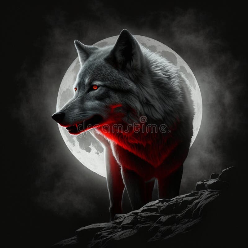Big Wolf With Red Eyes With A Moon Behind Generative Ai Stock Illustration Illustration Of
