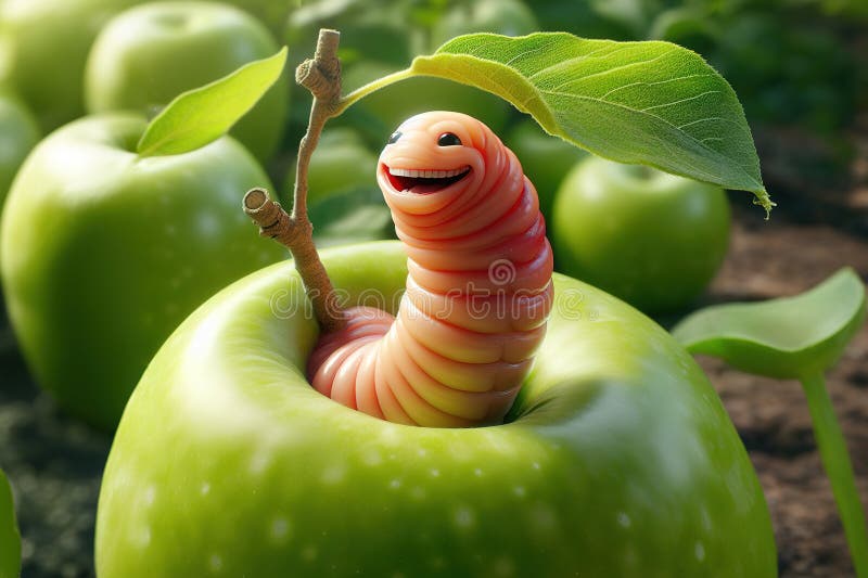 A Big Worm Comes Out of a Green Apple and Smiles. Stock Photo - Image ...