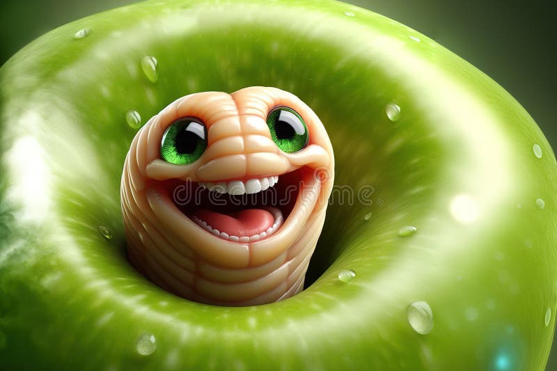 A Big Worm Comes Out of a Green Apple and Smiles. Stock Image - Image ...