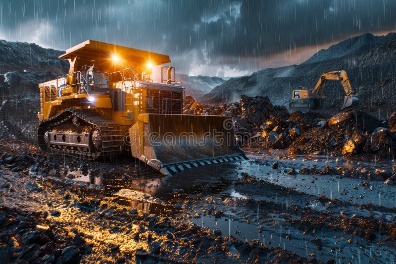 Big Yellow Dozer or Earth Mover at Construction Area in Rainy Evening ...