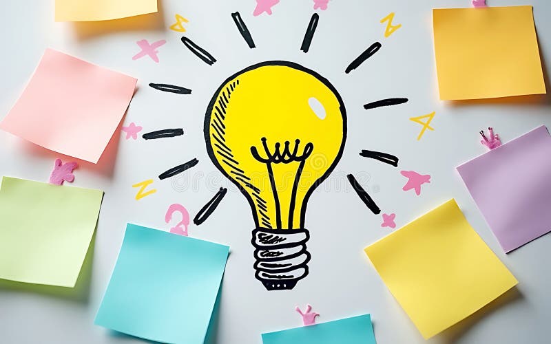 Big Yellow Light Bulb Drawing is Surrounded by Colorful Sticky Empty ...