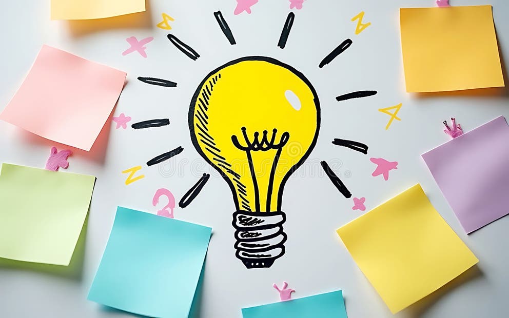 Big Yellow Light Bulb Drawing is Surrounded by Colorful Sticky Empty ...