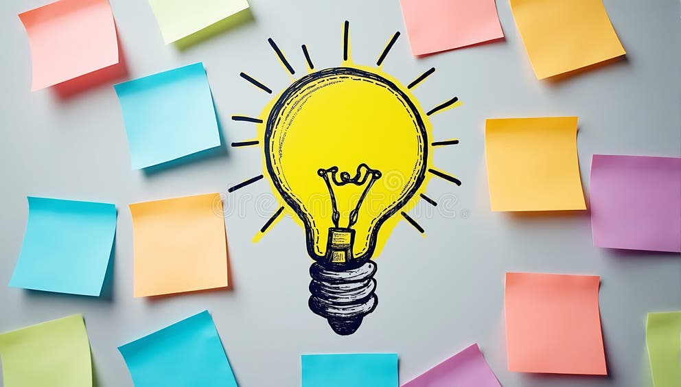 Big Yellow Light Bulb Drawing is Surrounded by Colorful Sticky Empty ...