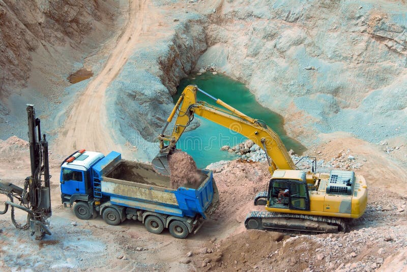 Yellow Excavator and Big Truck Stock Image - Image of quarry ...