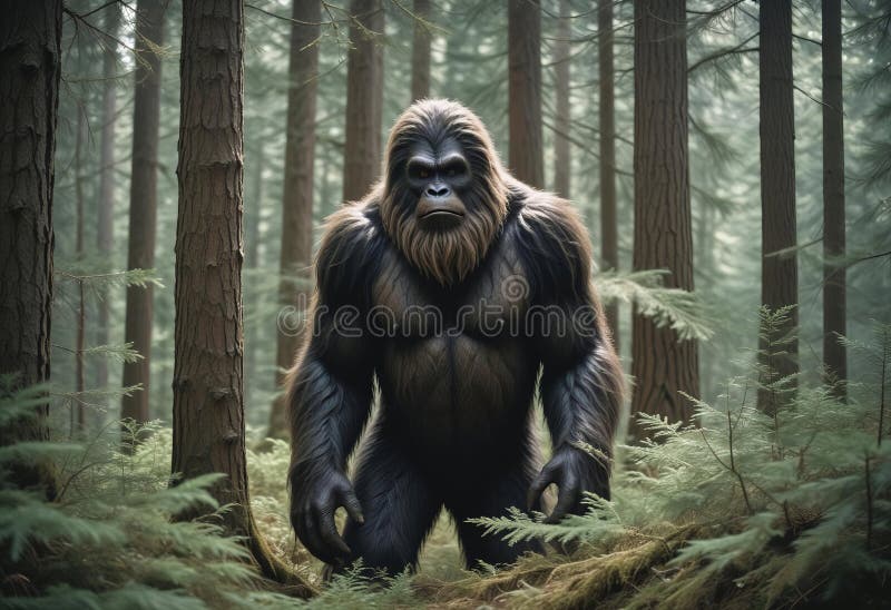 A Bigfoot Peeking Out from Behind a Tree in a Dense Forest Stock ...