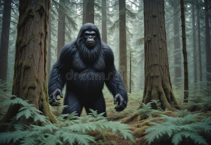 A Bigfoot Peeking Out from Behind a Tree in a Dense Forest Stock ...