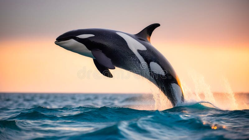 Bigg S Orca, Killer Whale Jumping Out of the Sea in a Sunset Lights. AI ...