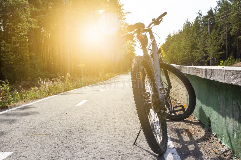 Bike Close-up on the Background of the Lake and Mountains on the Bike ...