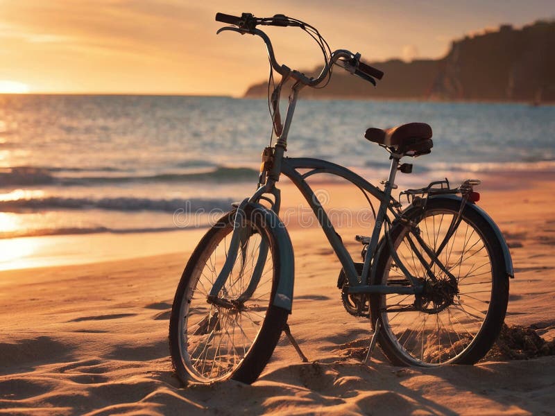 Bike Parked on the Beach, Beautiful Sunset Landscape - Generated by Ai ...