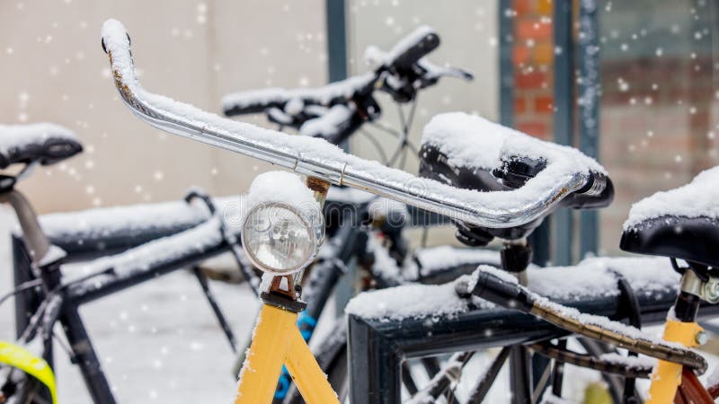 Bike in Snow after High Snowfall in Europe. Stock Image - Image of ...