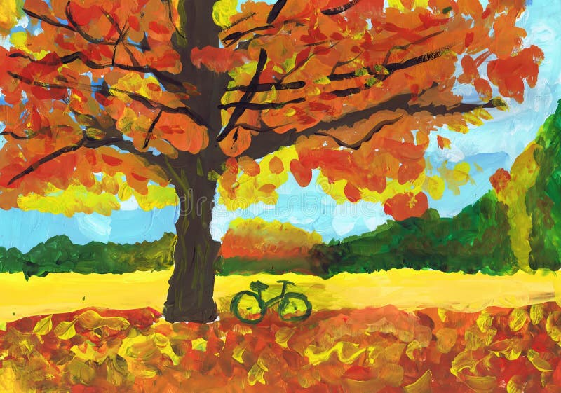 The Bike Stands Under a Bright Autumn Tree. Child`s Drawing Stock ...