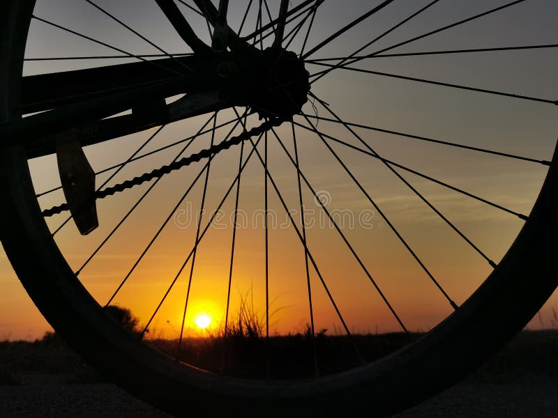 Bike at Sunset. Outline of a Bicycle Wheel in the Sun Stock Image ...