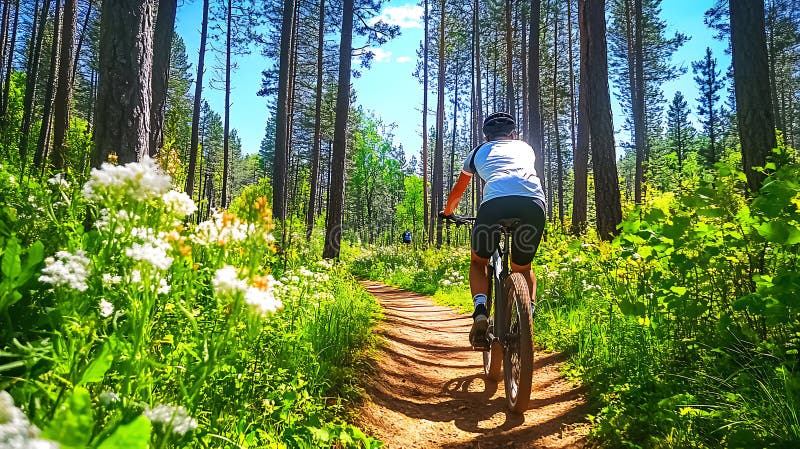 Bike Trail through Pine Forest, Adventurous and Engaging Stock ...