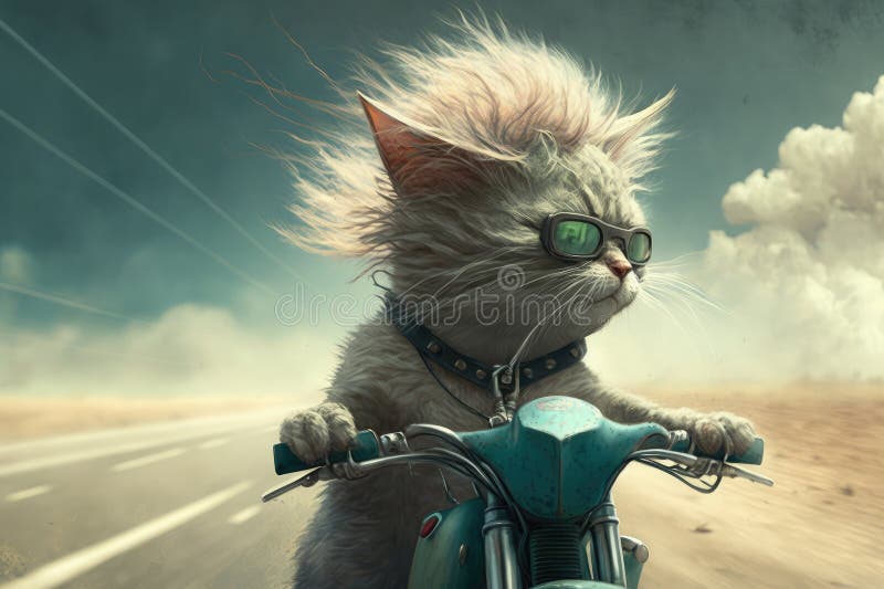 Biker Cat with Its Head in the Wind, Riding on Open Road Stock ...
