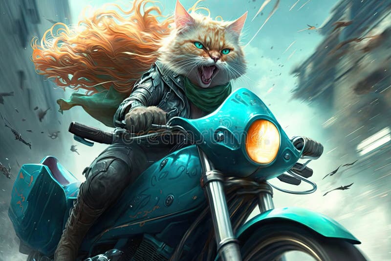 Biker Cat Riding on Chopper with the Wind in Her Fur Stock Image ...