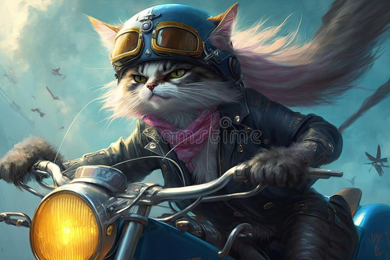 Biker Cat Riding on Chopper with the Wind in Her Fur Stock Image ...