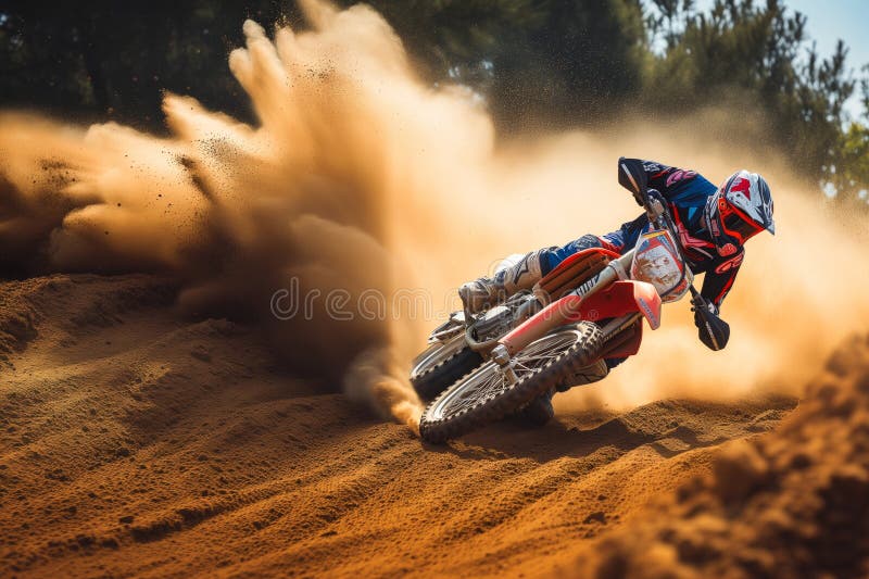 Biker Cornering Fast on a Dirt Track with Dust Flying Stock Photo ...