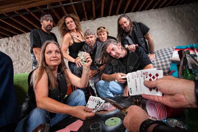 Biker Gang Lady Shows Her Cards Stock Photo - Image of bikers, hand ...