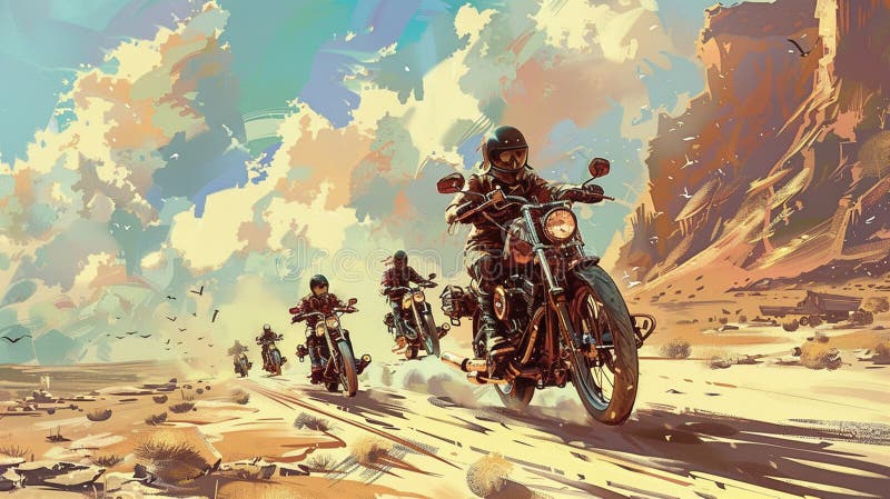 Biker Gang Riding through a Desert Landscape Stock Illustration ...