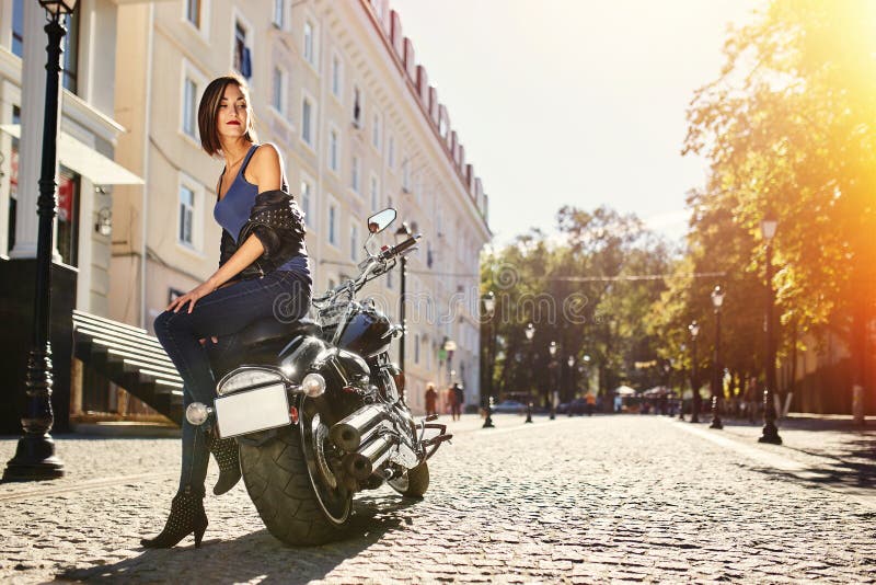 Biker Girl in a Leather Jacket on a Motorcycle Stock Image - Image of ...