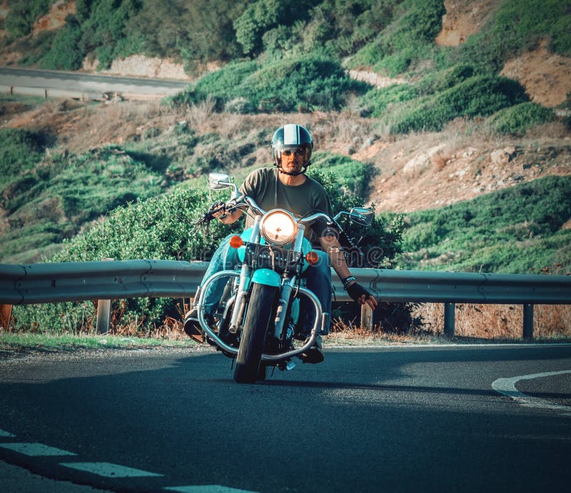 Biker Greeting by the Typical Sign Stock Photo - Image of evening ...