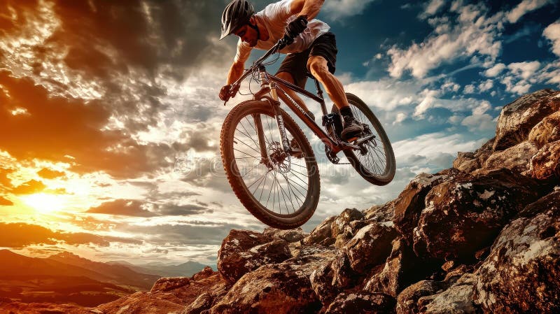 Biker Jumping Over Rocks in Rugged Mountain Terrain Stock Illustration ...