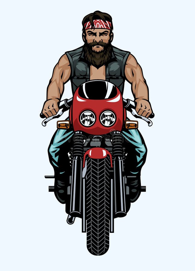Biker Man Riding Cafe Racer Custom Motorcycle Front Side Angle Stock ...