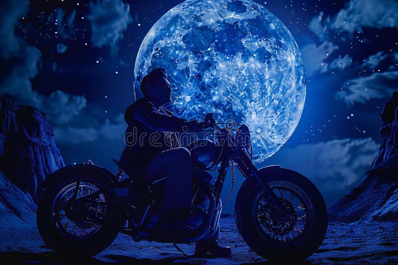 Biker on a Motorcycle in the Night Sky with Full Moon Stock ...
