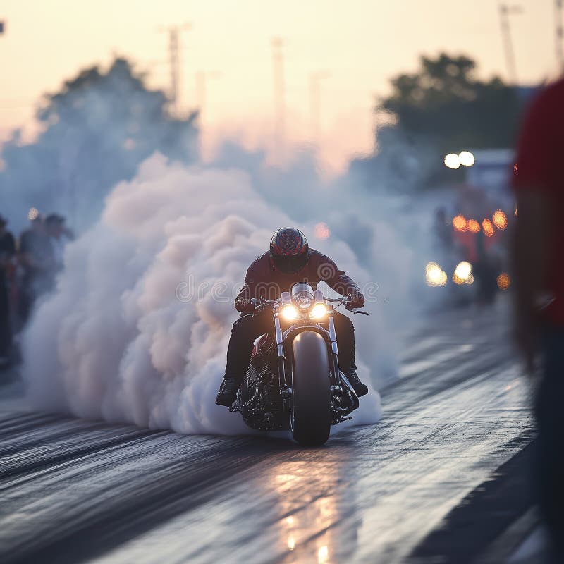 Biker Performing Stunt with Smoke on a Drag Racing Track at Sunset ...