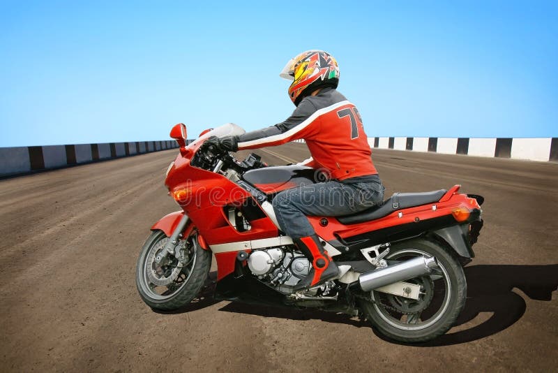 Rear View of Young Man Riding Motorcycle in Asphalt Road Curve W Stock ...