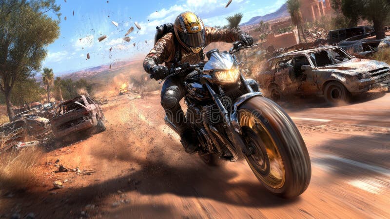 A Biker Rides a Motorcycle through a Wet Road, Creating Dramatic Water ...