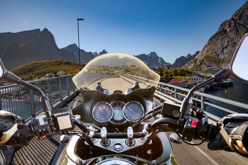 Biker Rides on Road in Norway. First-person View Stock Photo - Image of ...