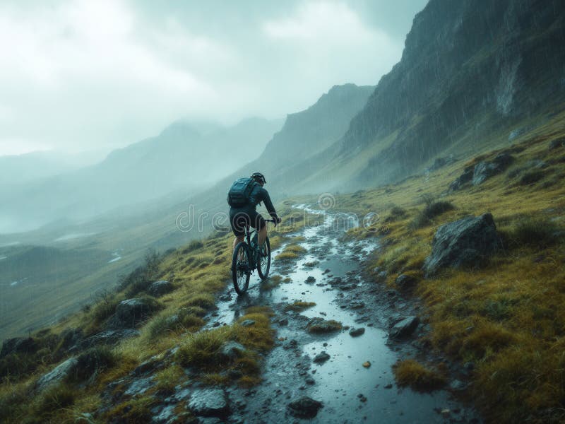 Mountain Biker Navigating a Rainy Trail in a Rugged Landscape Stock ... Mountain Biker Navigating a Rainy Trail in a Rugged Landscape Stock ...