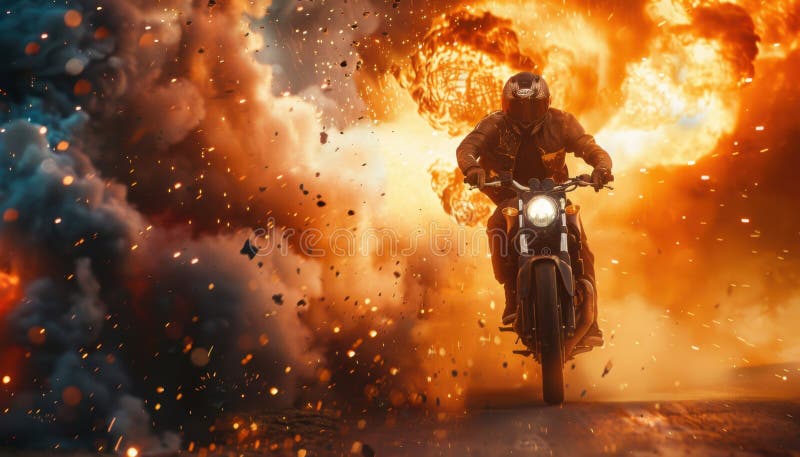 Biker Riding through an Explosive Fireball on a Motorcycle at Sunset ...