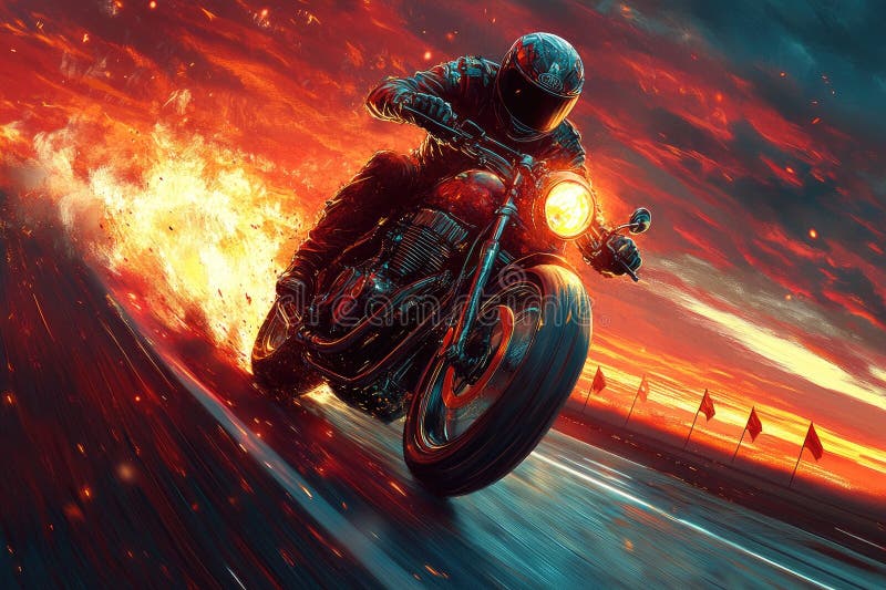 Biker Riding Fast Motorcycle Leaving Trail of Fire at Sunset Stock ...
