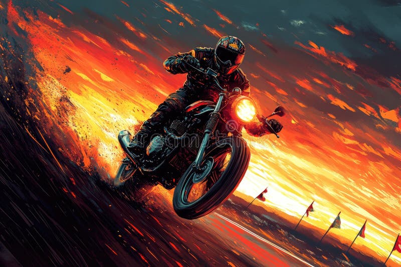 Biker Riding Fast Motorcycle Leaving Trail of Fire at Sunset Stock ...