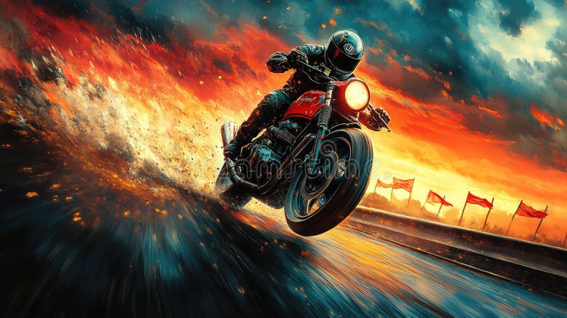 Biker Riding Fast Motorcycle Leaving Trail of Fire at Sunset Stock ...